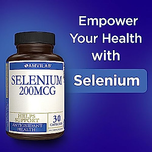 Amvilab Selenium 200, Selenium 200mcg | Healthy Immune, Thyroid Function, Antioxidant Support | High Absorption Formula | Vegan & Non-GMO | 30ct