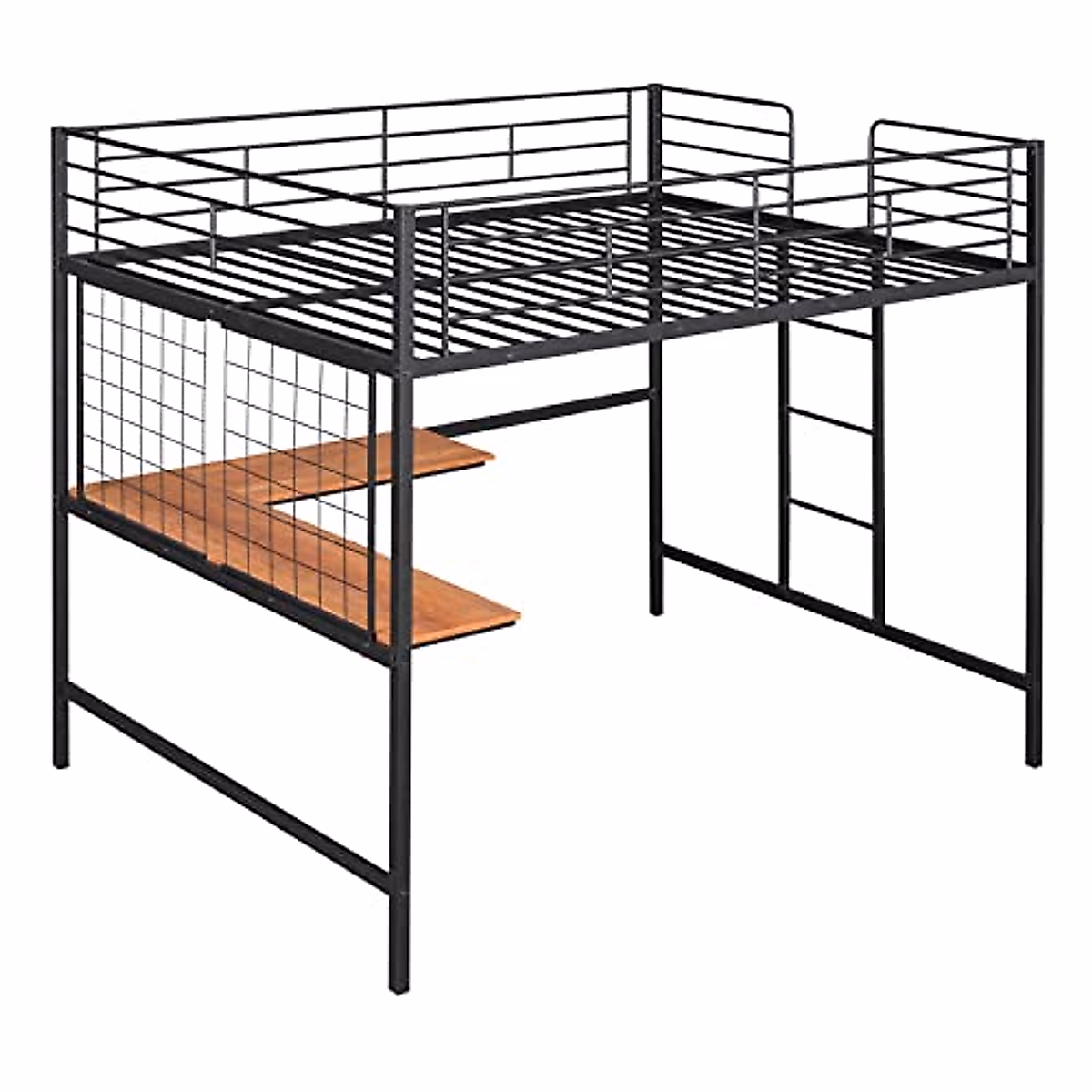 TMEOSK Full Size Metal Loft Bed Frame with L-Shape Desk and Decoration Metal Grid, Space Saving Loft Bed with Ladder and Safety Guardrail for Boys Girls Teens Adults, No Box Spring Needed (Black)