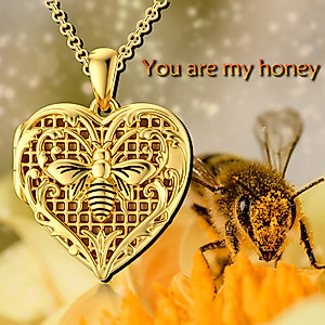 SOULMEET 18K Gold Plated Heart Shaped Honeycomb Bee Locket Necklace That Holds 1 Picture, 20" (Locket only)