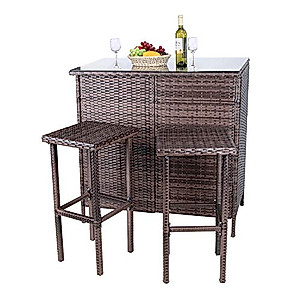 Polar Aurora 3PCS Patio Bar Set with Stools and Glass Top Table Patio Wicker Outdoor Furniture with Beige Removable Cushions for Backyards, Porches, Gardens or Poolside