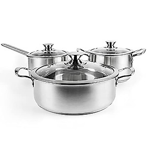 Stainless steel pot set,6 Piece Kitchen Induction Cookware Sets with Glass Lids, Stay Cool Handle, Works with Induction, Electric and Gas Cooktops, Oven Safe，Dishwasher