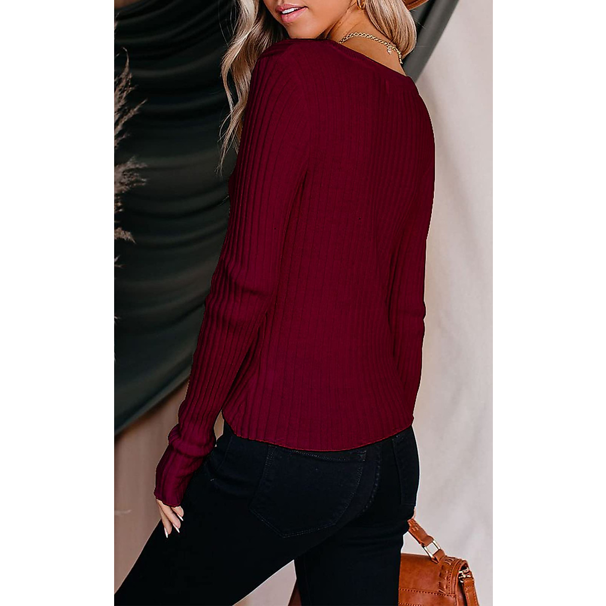 PRETTYGARDEN Womens Long Sleeve Tops - Sexy V Neck Button Ribbed Knit Sweatshirts (Wine Red,Large)
