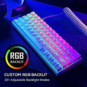 RK ROYAL KLUDGE RK61 60% Mechanical Keyboard with Coiled Cable, 2.4Ghz/Bluetooth/Wired, Wireless Bluetooth Mini Keyboard 61 Keys, RGB Hot Swappable Red Switch Gaming Keyboard with Software - White