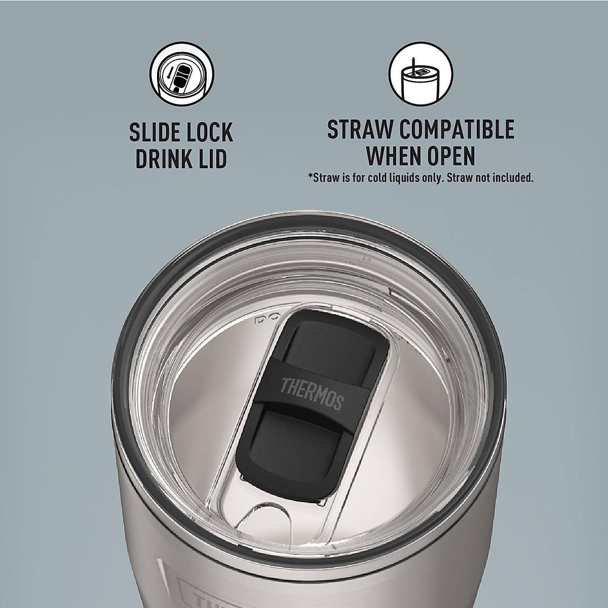 THERMOS ICON SERIES, Stainless Steel Cold Tumbler with Slide Lock, 24 Ounce, Matte Stainless Steel