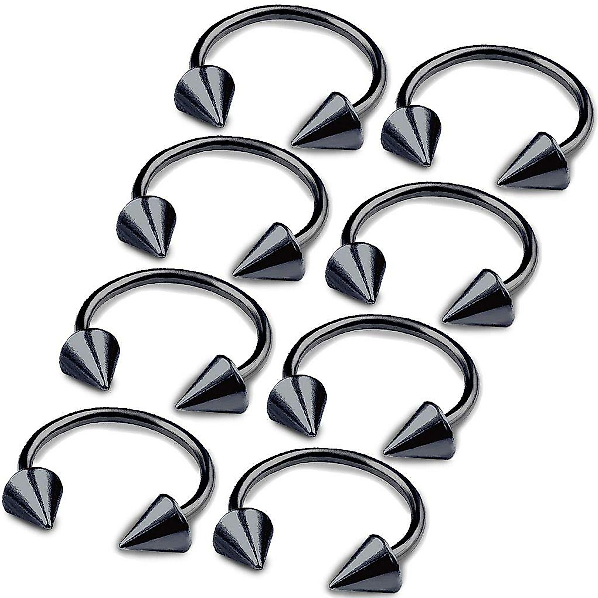 bodyjewellery 8pcs 16g Horseshoe Ring Circular Barbell Cartilage Hoop Septum Nose Lip Eyebrow Spider Bite Tragus Black Spike Ear - 12mm
