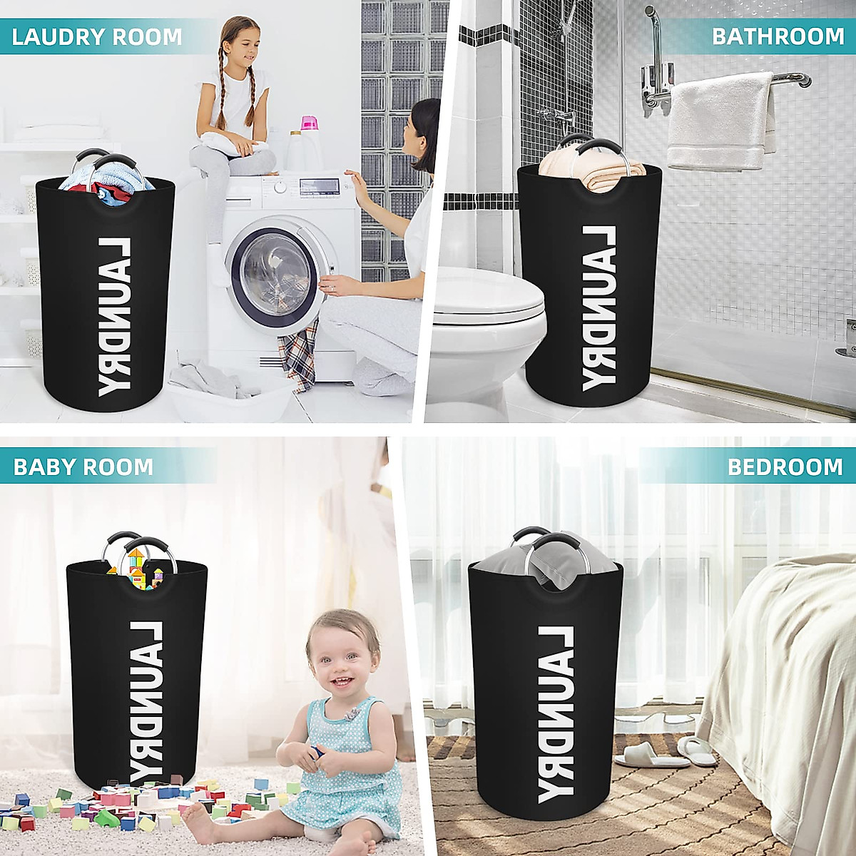 StorageRight 90L Large Laundry Basket, Laundry Hamper, Dirty Clothes Hamper for Laundry, Collapsible, Waterproof Laundry Baskets with Foam Protected Aluminum Handles for Laundry, Dorm, Family (Black)