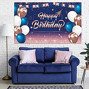 Rubfac Navy Blue and Rose Gold Birthday Birthday Decorations Happy Birthday Backdrop with 70pcs Navy Blue Rose Gold and White Balloon GarlandPhoto Backdrop Background for Birthday Party Decorations