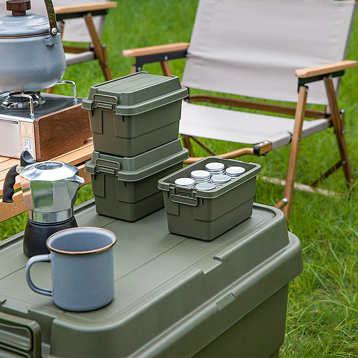 Almencla Stackable Outdoor Storage Box Hiking Waterproof Basket Picnic Camping Car Trunk Organizer for Traveling, Backpacking, Fishing, BBQ, Barbecue, Green, Medium