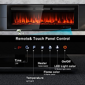 Breezestival Electric Fireplace 50 inch Wall Mounted and Recessed with Remote Control and Touch Panel Control, Timer,12-Level Adjustable Flame Colors and Speed
