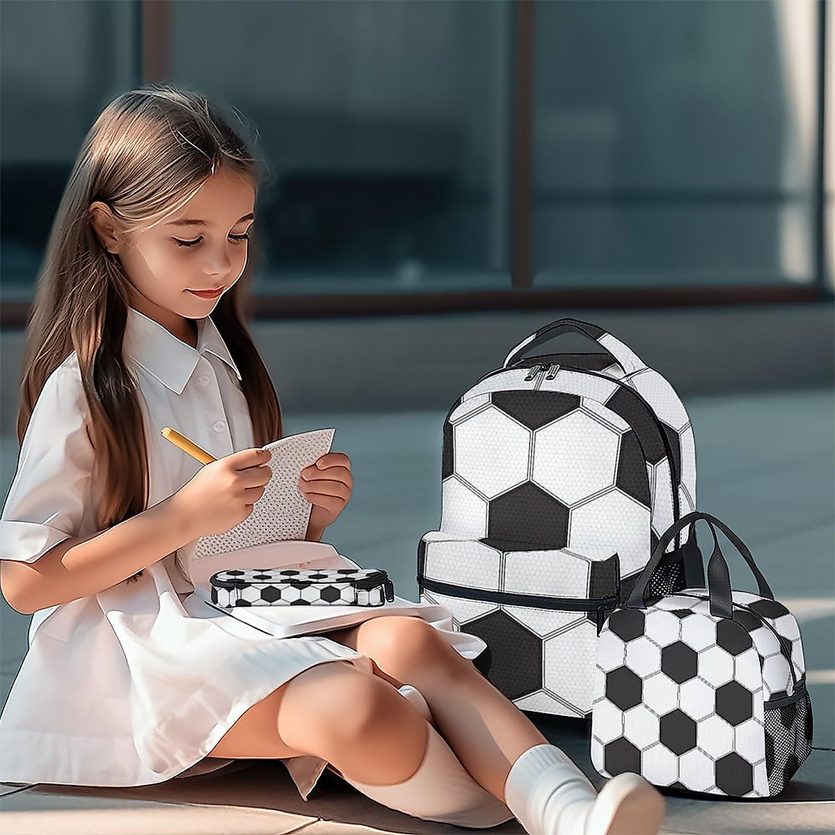 NICEFORNICE Soccer Kids Backpack with Lunch Box, Set of 3 School Backpacks Matching Combo, Cute Black Bookbag and Pencil Case Bundle