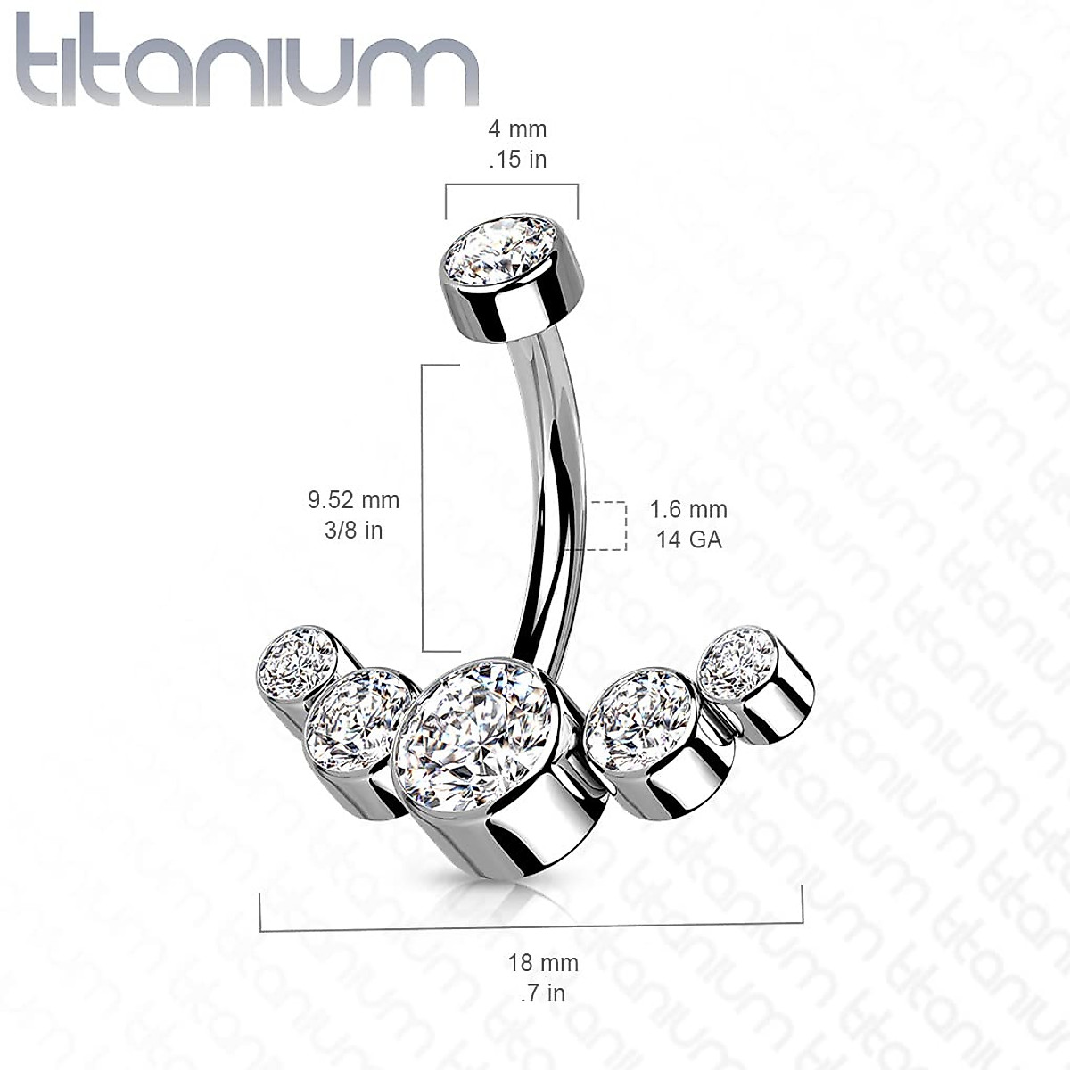 Dynamique Implant Grade Titanium Internally Threaded CZ Bezel Set Top With 5-CZ Set Curve Belly Button Ring (Sold Per Piece)