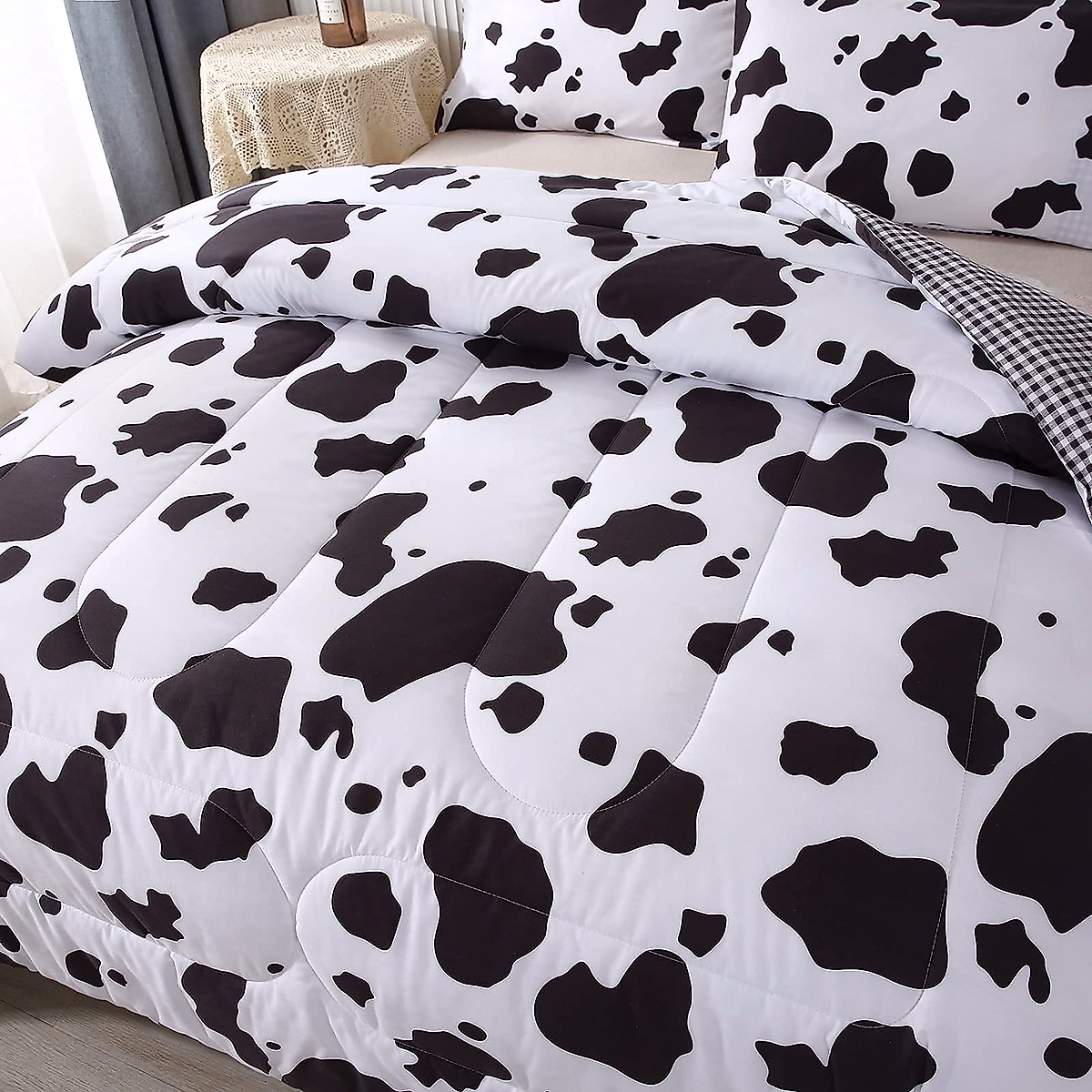 Mengersi Cow Print Bedding Comforter Set King Bed,Black and White Reversible Milk Geometric Checkered Bedding Sets for Kids Boys Aduls Toddler