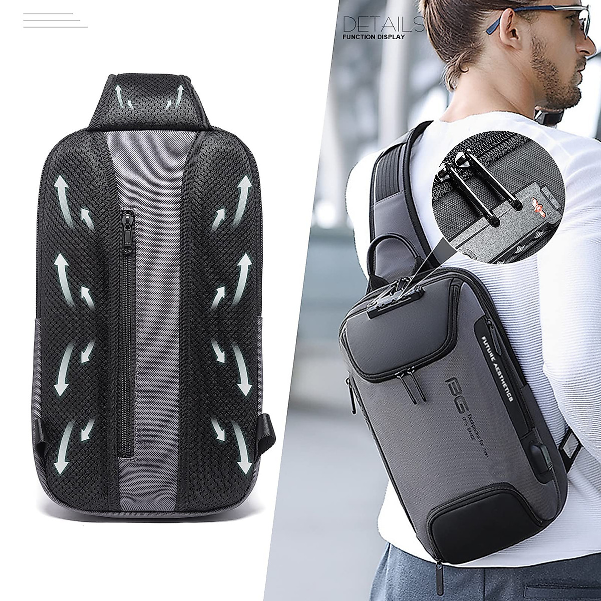 iubest Sling Bag for Men, Shoulder Bag Anti Theft Crossbody Backpack with USB Charging Port, Water Proof Casual Sling Backpack with TSA Lock for Hiking, Outdoor (Grey )