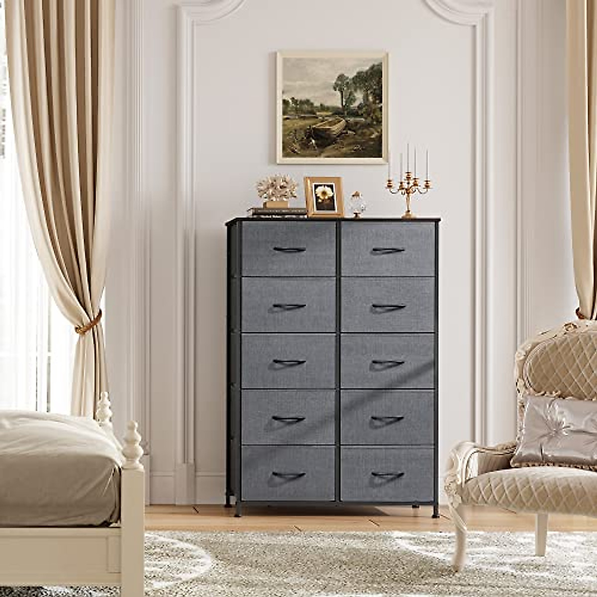WLIVE 10-Drawer Dresser, Fabric Storage Tower for Bedroom, Hallway, Nursery, Closets, Tall Chest Organizer Unit with Textured Print Fabric Bins, Steel Frame, Wood Top, Easy Pull Handle, Dark Grey