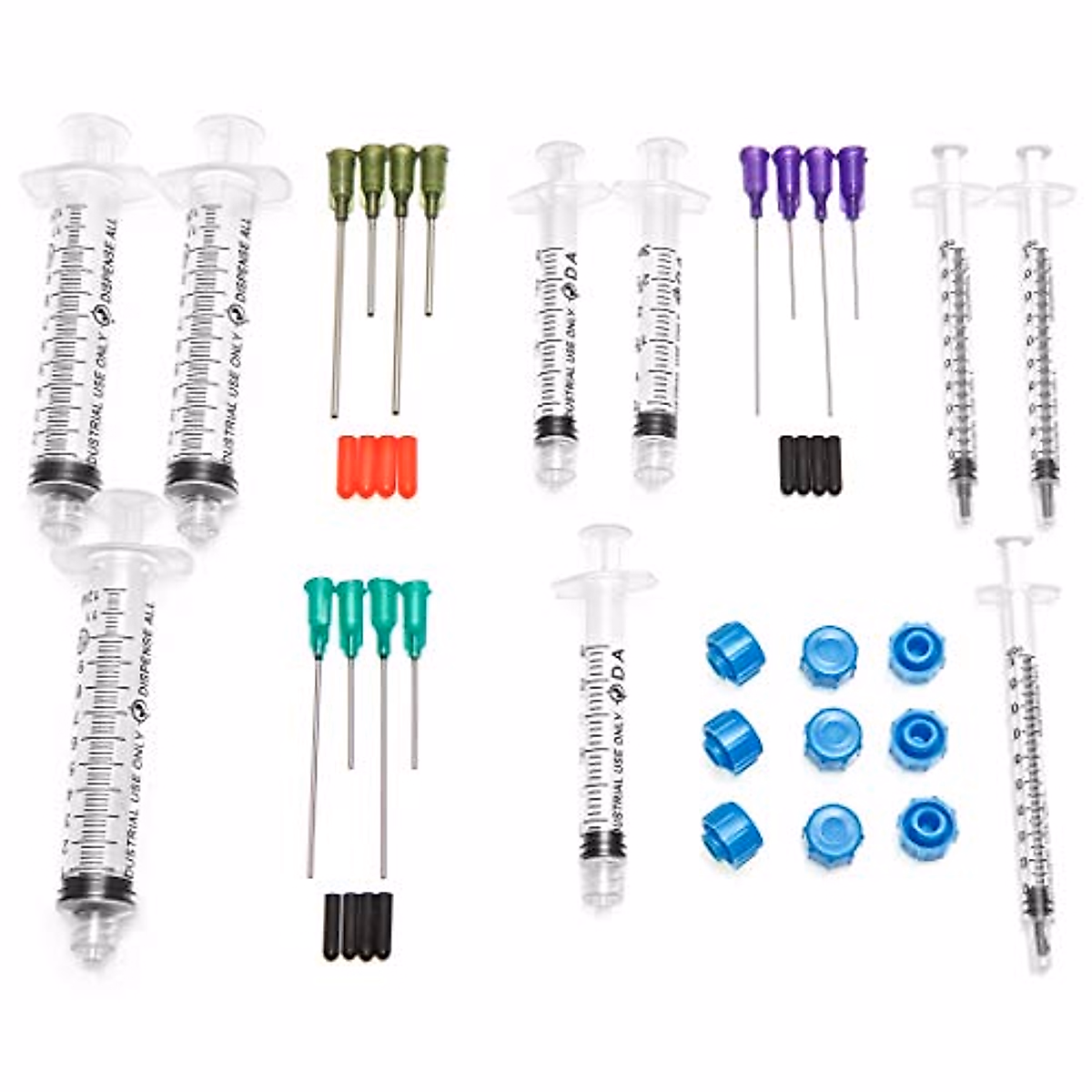Dispense All - K2-9PK All-Purpose Industrial Syringe Kit - 1ml/3ml/10ml with 1 & 2 Inch 14, 18, & 21 Gauge Dispensing Tips, Syringe Caps and Tip Covers