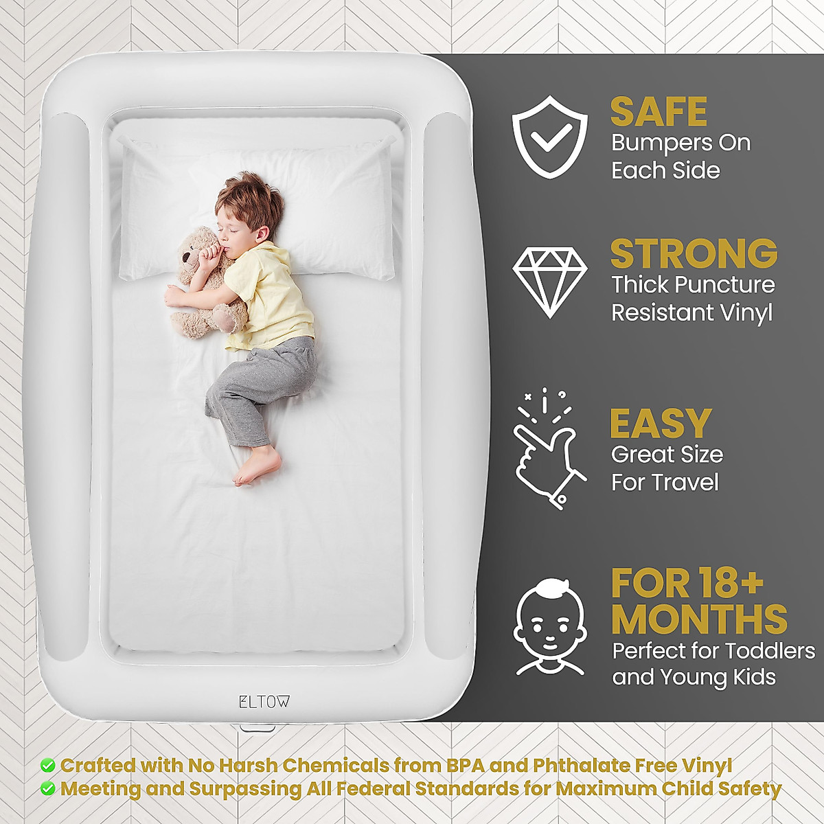 ELTOW Inflatable Toddler Travel Bed with Safety Bumpers, Portable Toddler Bed for Travel & Camping, Complete Kids Air Mattress Set, Toddler Blow Up Mattress with Sides, High Speed Pump, Carry Bag