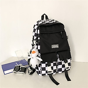 MEOKIM Kawaii backpack student schoolbag large-capacity backpack black and white plaid cute girls campus backpack(Black)