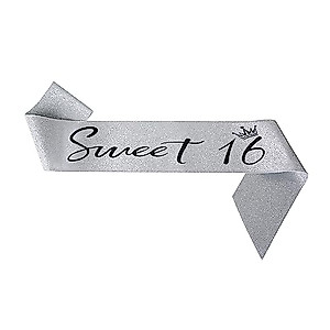 16th Birthday Decorations for Girls，Silver 16 Birthday Crown Tiara ，Cake Topper, Birthday Sash with Peal Pin and Birthday Candles Kit,16th Birthday Gifts for Girls