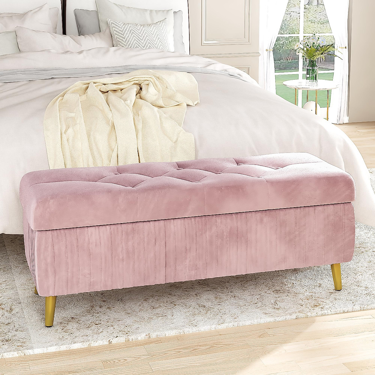 AWQM Tufted Storage Ottoman Bench,Velvet Upholstered Storage Bench with Button,Flip top,Perfect for Living Room,Entryway,Bedroom,47.24",Dark Mauve Pink