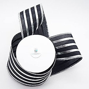 CT CRAFT LLC Black Satin with Silver Stripe Wired Ribbon - 2.5" x 10 Yards for Christmas Home Decor, Gift Wrapping, Bow Making, Wreath, DIY Crafts