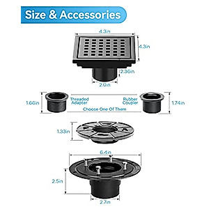 Black Shower Drain 4 Inch with Flange CUPC Certified- Made of 304 Stainless Steel, Square Shower Drain Includes Removable Cover Grid Grate,Thread Adapter, Shower Drain