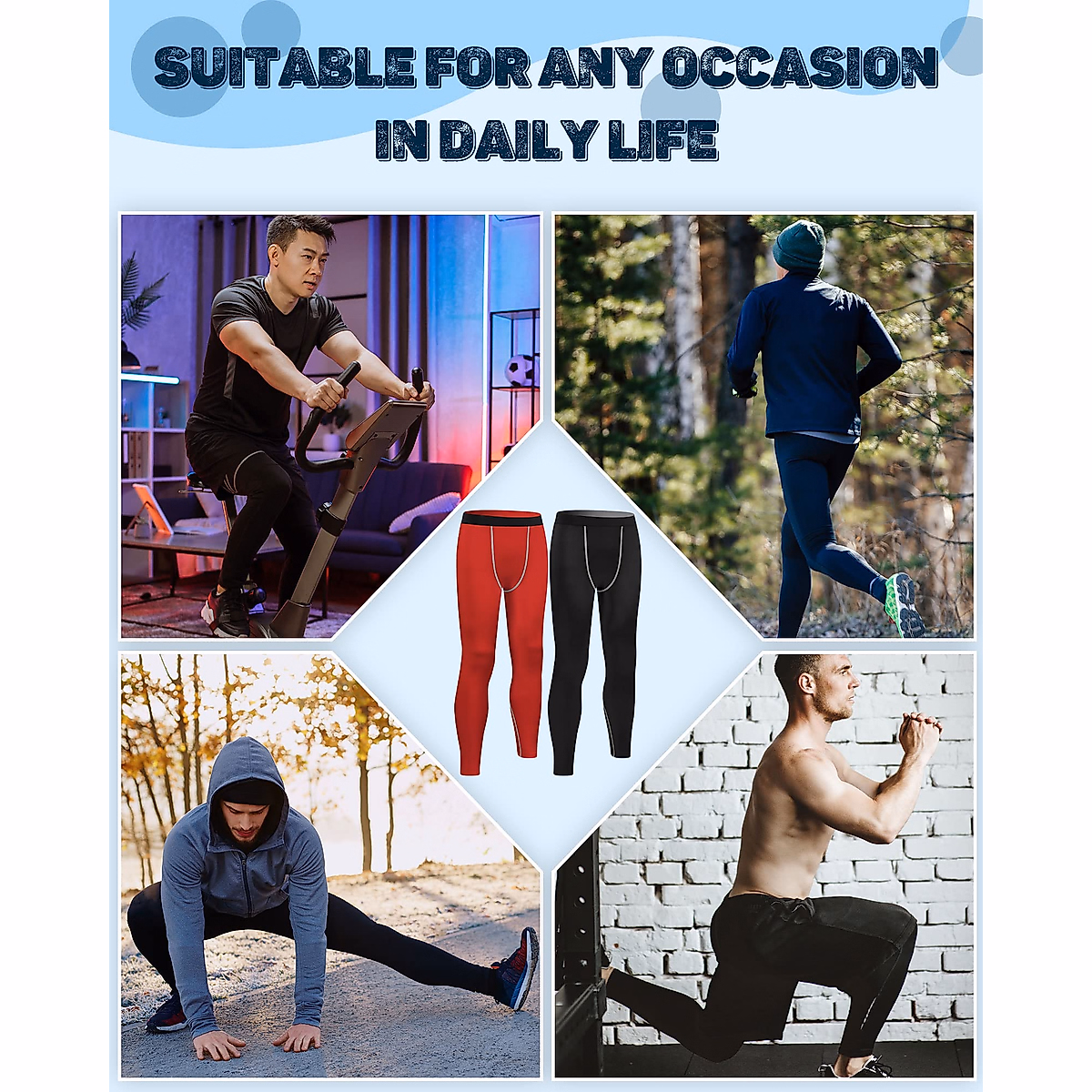 Hicarer 6 Pack Men's Compression Pants Workout Pants Athletic Compression Leggings Running Tights for Men Sport Supplies (Multicolor, Large)