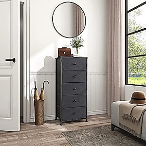 REAHOME 5 Drawer Dresser for Bedroom Storage Tower Closet Organizer Vertical Chest Sturdy Steel Frame Tall Dresser Wooden Top Removable Fabric Bins Office Organization(Black Grey) YLZ5B1