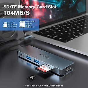 USB C Hub, USB C Adapter MacBook Pro/Air Ipad Pro Adapter, 6 in 1 with 4K HDMI Output, Compatible for Laptop, Surface Pro 8 and Other Type C Devices (PD 100W USB 3.0 TF Card Reader)