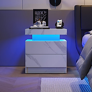 DobleCliCli LED Nightstands, Modern End Side Table with 2 Drawers, LED Bedroom Furniture for Bedroom and Living Room, White Marble Pattern