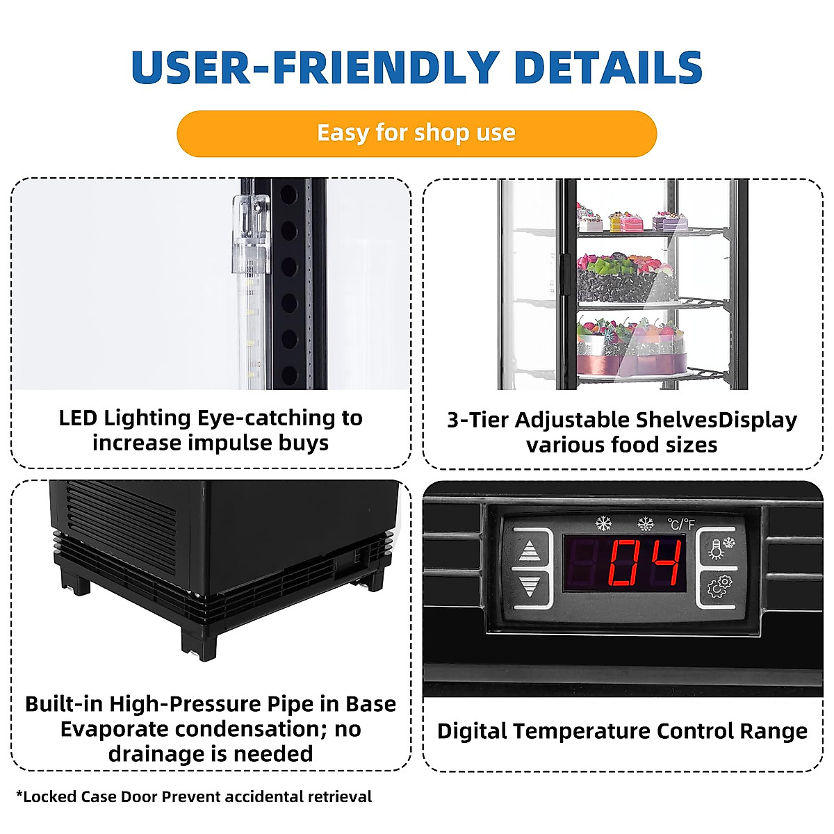 Towallmark Refrigerated Display Case, 3.5 Cu.Ft, Countertop Pastry Display Case Commercial Display Refrigerator with LED Lighting, Frost-Free Air-Cooling, Locked Door for Bakery