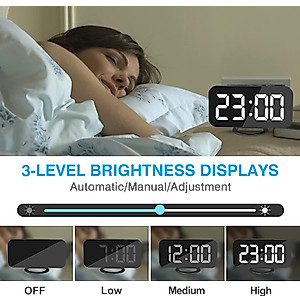 Digital Alarm Clock,6" Large LED Display with Dual USB Charger Ports | Auto Dimmer Mode | Easy Snooze Function, Modern Mirror Desk Wall Clock for Bedroom Home Office for All People (Black)