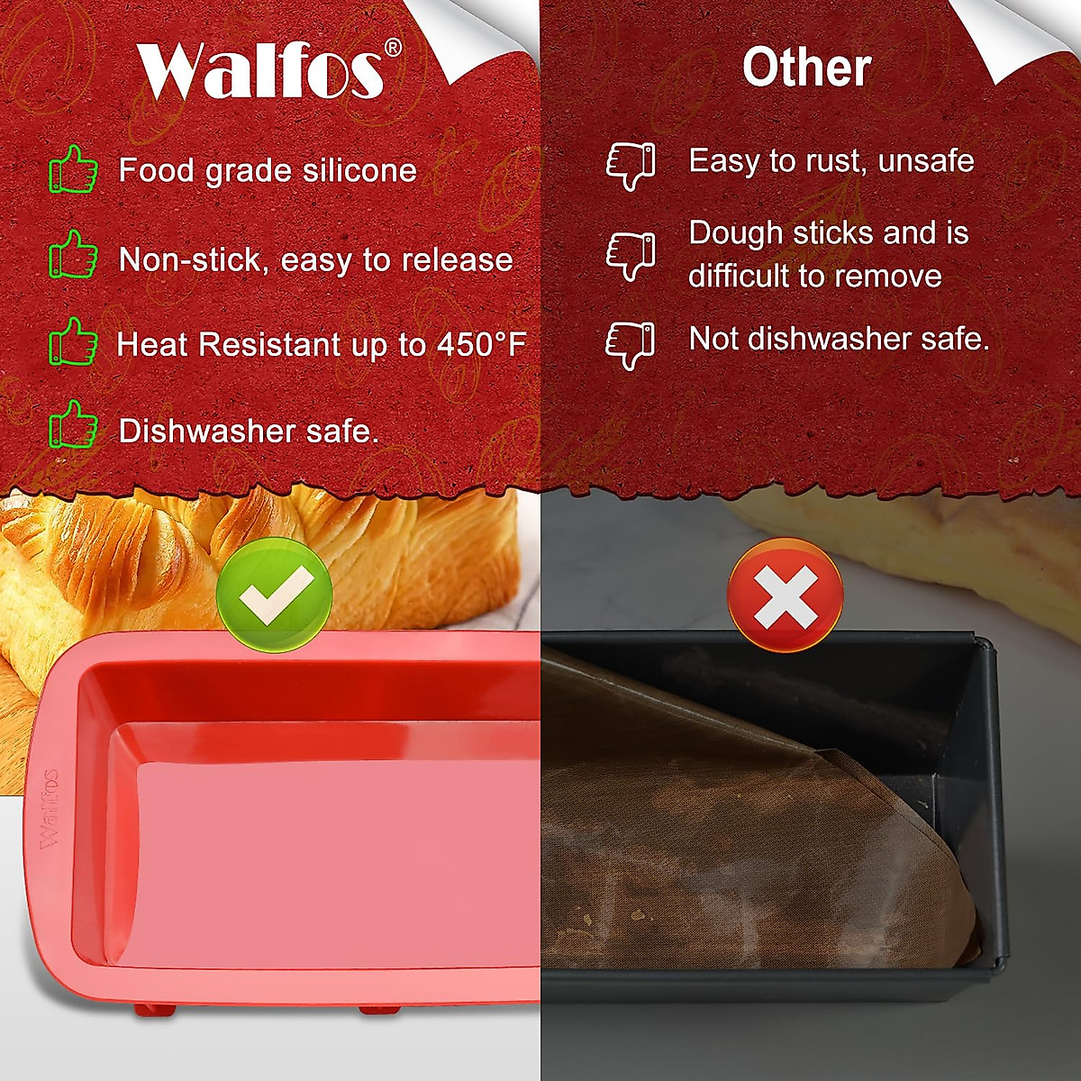 Walfos Silicone Bread Loaf Pan，9 x 5 inch Non-Stick Silicone Loaf Pans For Baking Set of 2，Perfect For Bread, Cake, Meatloaf, BPA Free and Dishwasher Safe