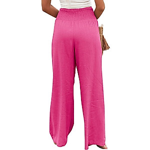 Vansha Women Summer High Waisted Cotton Linen Palazzo Pants Wide Leg Long Lounge Pant Trousers with Pocket Hot Pink M