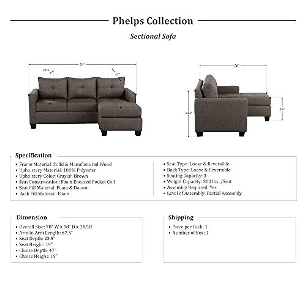 Homelegance Phelps 78" x 58" Fabric Reversible Chaise Sofa, Grayish Brown