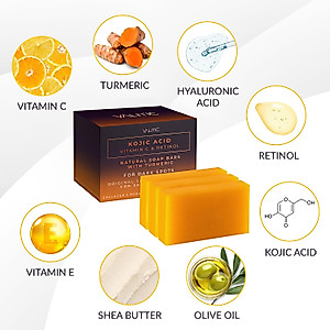 VALITIC Kojic Acid Vitamin C and Retinol Soap Bars with Turmeric for Dark Spot - Original Japanese Complex Infused with Collagen, Hyaluronic Acid, and Vitamin E (3 Pack)