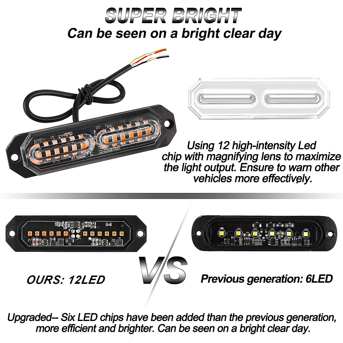 ASPL 8pcs Sync Feature Ultra Slim 12-LED Surface Mount Flashing Strobe Lights for Truck Car Vehicle LED Mini Grille Light Head Emergency Beacon Hazard Warning lights (Amber)