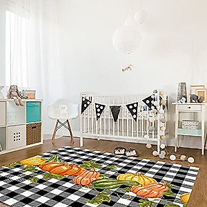 Indoor Area Rugs Thanksgiving Pumpkin Fall Harvest Non-Slip Floor Mats Black White Check Rectangular Carpet Soft Washable Rugs for Living Room/Bedroom/Hallway Home Decor - 2.7x5 Feet