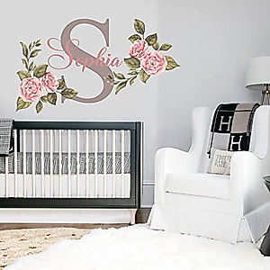 Name and Initial Peonies Wall Decal - Kids Wall Decor - WM33. Custom Name Removable Nursery Wall Decal for Girl - Flower Mural Wall Decal for Girls Bedroom