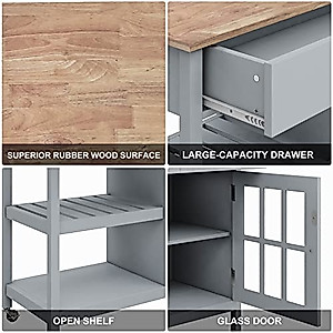 ChooChoo Rolling Kitchen Island, Portable Kitchen Cart Wood Top Kitchen Trolley with Drawers and Glass Door Cabinet, Wine Shelf, Towel Rack, Gray
