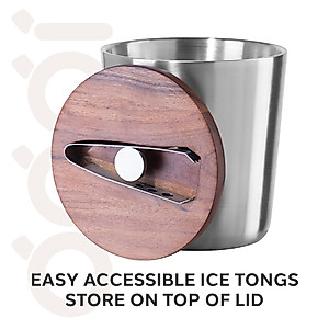 OGGI Modernist Satin Stainless Steel Ice Bucket- 2.3 Lt (2.5 Qt), Includes Acacia Wood Lid & Ice Tongs; Ideal as Bar Accessories, Champagne Bucket, Drink Chiller, Ice Bucket for Cocktail Bar