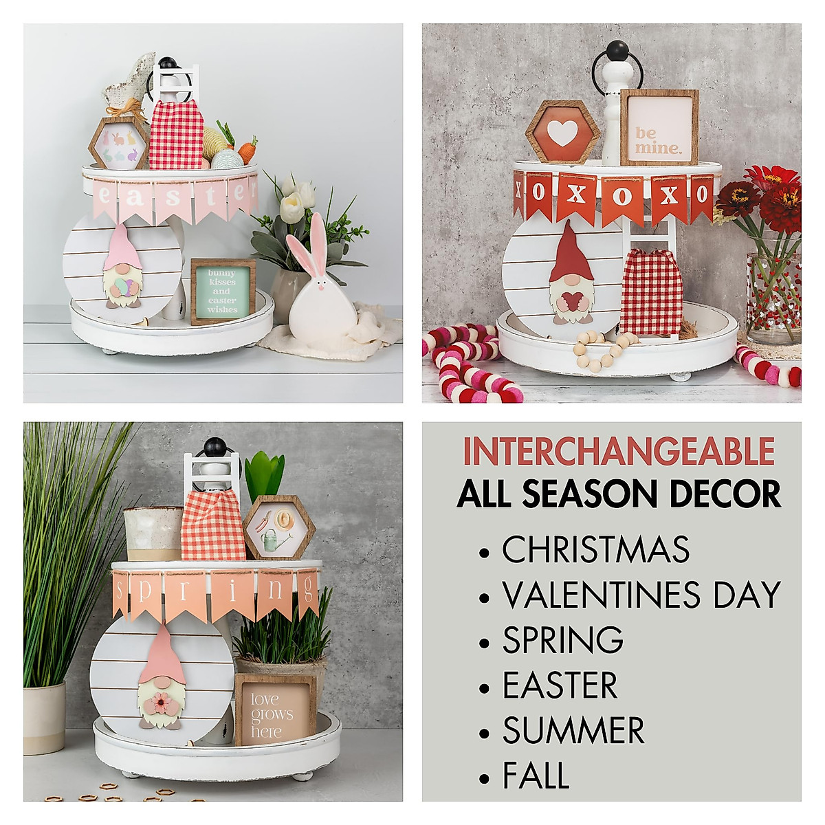 Beautiful Tiered Tray Decor Set for Spring - Interchangeable All Season Decorations Bundle Incl. Easter, Summer & More - Modern Farmhouse Centerpiece for Home & Kitchen Decor