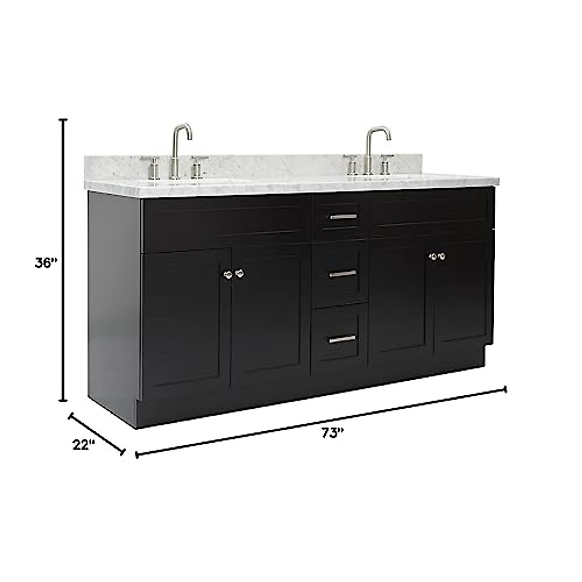ARIEL 73" Black Double Vanity, 1.5" Edge Italian Carrara Marble Countertop & Splash, Rectangular Sink, 4 Soft Closing Doors, 3 Full Extension Dovetail Drawers, Built in Toe Kick, Brushed Nickel