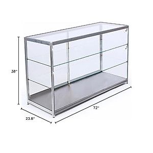 Displays2go 6’ Counter Glass Showcases with Side Lighting, Lockable, Tempered Glass Shelves, Aluminum Frame – Silver (JBQCT72LED)