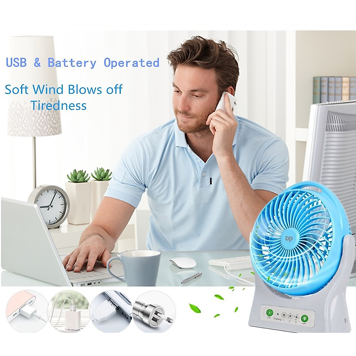 ZUKULIFE Portable USB Powered Personal Desk fan Strong Airflow Cooling fan for Cooling for Travel, Home Kitchen and Office, 3 Speeds with Side Light (Blue)