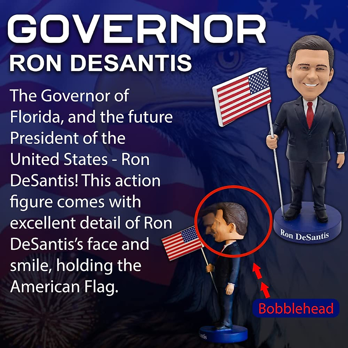 Governor Ron Desantis Bobblehead Collectible | 7” Tall Resin Figurine of Desantis Holding an American Flag | Governor Desantis Bobble