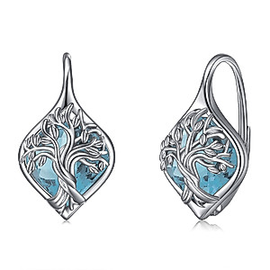 WINNICACA Tree of Life Birthstone Leverback Earrings Sterling Silver March Birthstone Jewelry for Women Teens Tree of Life Blue Topaz Crystal Birthstone Jewelry Gifts for Birthday