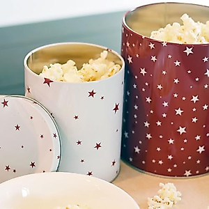WHW Whole House Worlds 2 Piece Red and White Cookie Tin Set With Detachable Lids, Merry Star Pattern, Cylinders, 5 and 6.25 Inches Tall