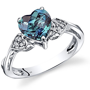 PEORA Created Alexandrite and Genuine Diamond Sweetheart Ring for Women 14K White Gold, Color Changing 2.25 Carats Heart Shape 8mm, Size 7