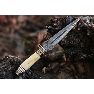 12.5 Inch long Hunting knife, Collectible knife, Natural Camel bone scale embellished with engraved brass finger guard, foil work spacer and pommel, Hand forged Twist pattern Damascus steel blade, Comes with Leather sheath