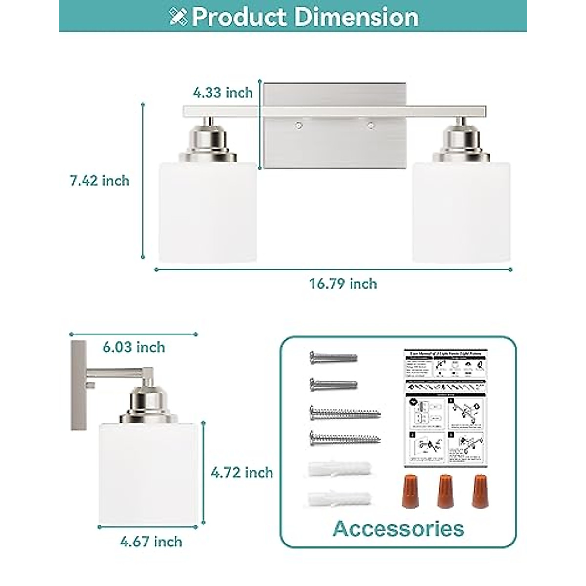 Sailstar 2-Light Bathroom Light Fixtures Over Mirror, Brushed Nickel Vanity Lights, Modern Bathroom Vanity Light, Glass Shade & Anti-Rust Nickel Finished, Bathroom Light for Small Space